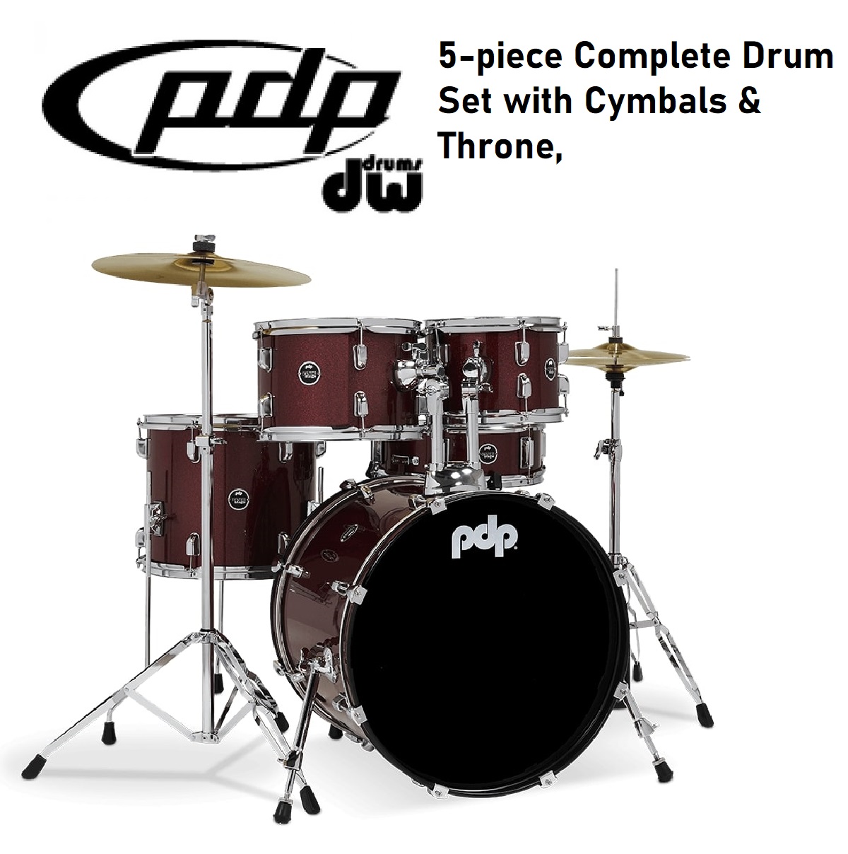 PACIFIC DRUMS & PERC Center Stage 5-piece Complete Drum Set with Cymbals & Throne, Ruby Red ...